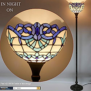WERFACTORY Tiffany Floor Lamp Navy Blue Baroque Stained Glass Light 12X12X66 Inches Pole Torchiere Standing Corner Torch Uplight Decor Bedroom Living Room Home Office S003B Series
