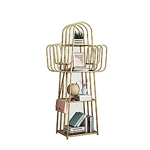 DOORXIF 4-Tier Gold Bookshelf Freestanding, Cactus Bookcase 4 Cube Storage Organizer Closet Metal Display Cabinet, Corner Bookshelf for Small Spaces, Gold Bookcase for Bedroom Office