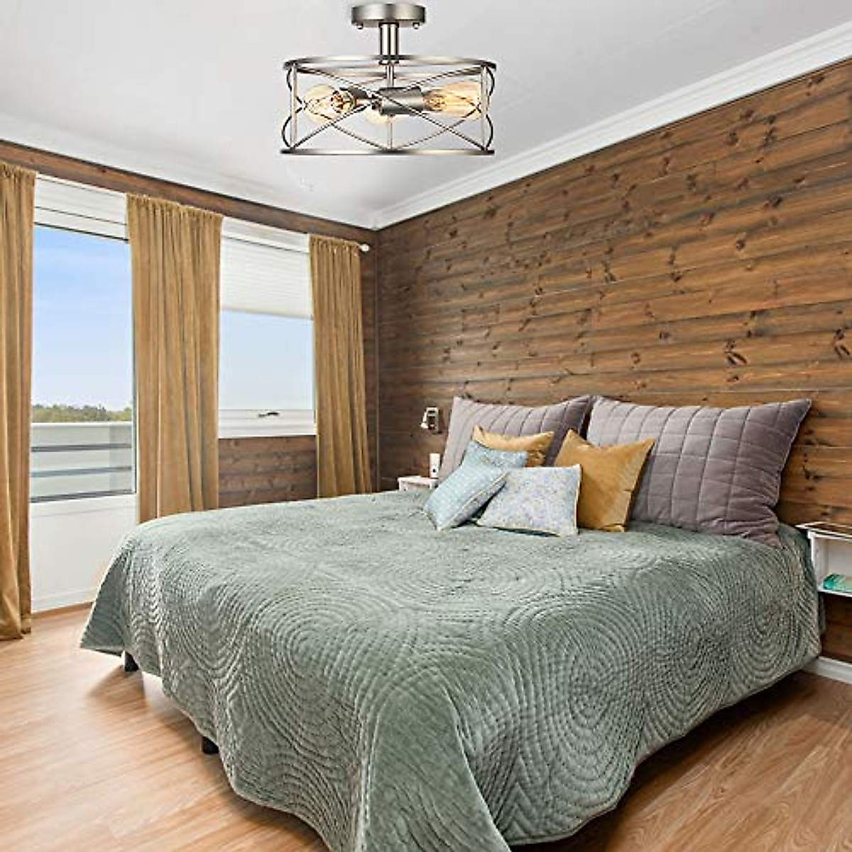 Capslpad Industrial Semi-Flush Mount Ceiling Light Vintage Close to Ceiling Lamp 3-Light Farmhouse Retro Metal Cage Ceiling Light Fixture for Bedroom Kitchen Foyer Hallway (Brushed Nickel)