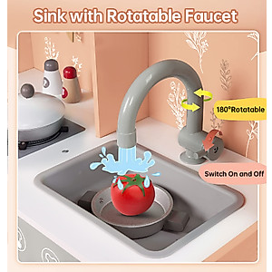 Bruvoalon Wooden Play Kitchen Toy Set for Kids, with Realistic Design, Sink with Faucet, Oven, Microwave, Utensils, Kitchenware Play Food Set Accessories, Birthday Gifts for Toddlers Boys Girls (Pink)