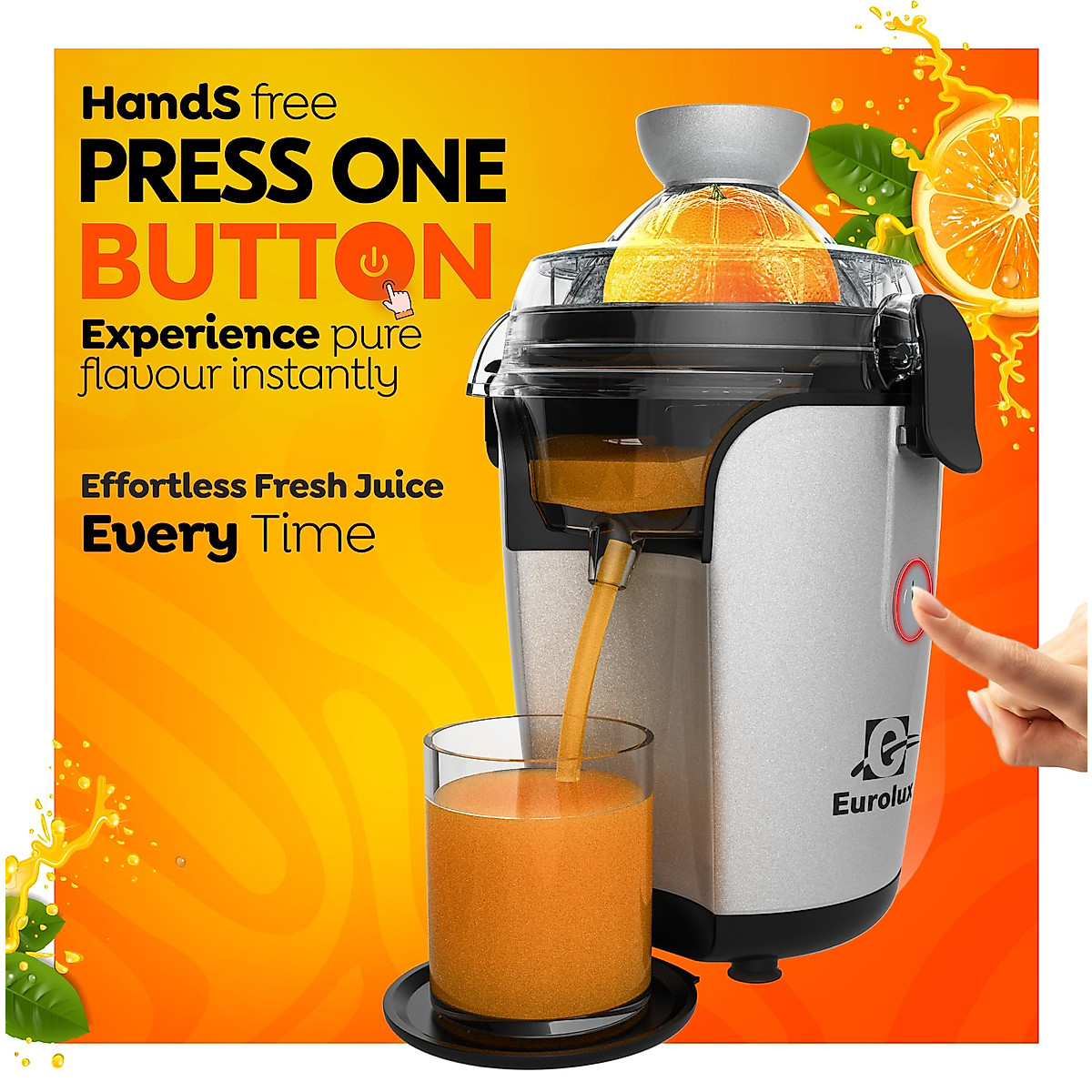Eurolux Hands-Free Electric Citrus Juicer Machine, Orange Lime Grapefruit Lemon Squeezer, Easy to Clean.