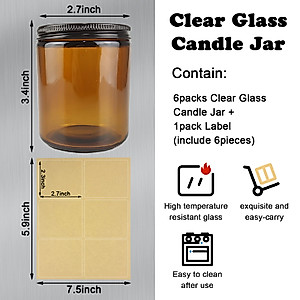 QMET 8 OZ Empty Candle Jars,6 Pack Glass Jars with Metal Lids and Kraft Labels Perfect for Candle Jars for Making Candles (Amber)