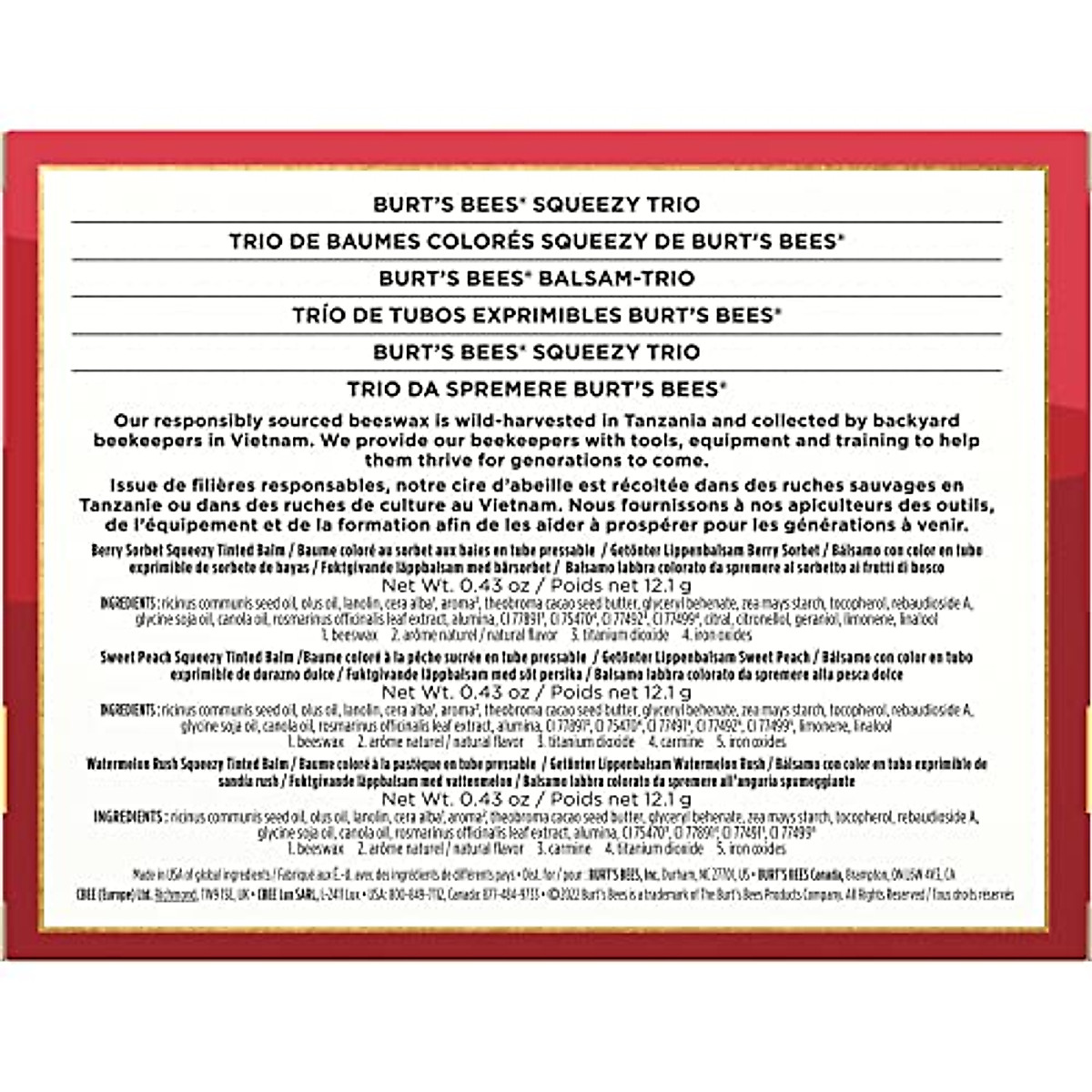 Burt's Bees Christmas Gifts, 3 Lip Care Stocking Stuffers Products, Squeezy Trio Tinted Lip Balm Set - Berry Sorbet, Sweet Peach & Watermelon Rush