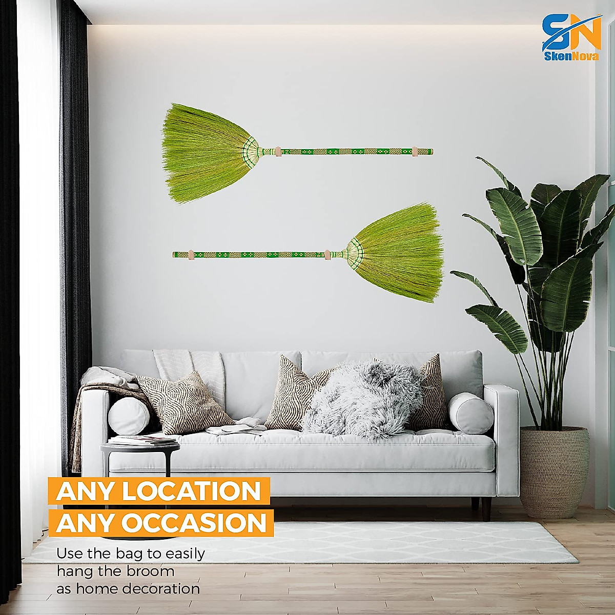 SN SKENNOVA Asian Broom -Beautiful Handmade Retro Grass Broom with Traditional Thai Embroidery On 24" Bamboo Handle, Thick & Sturdy for Unique Wall Decor & Cleaning.