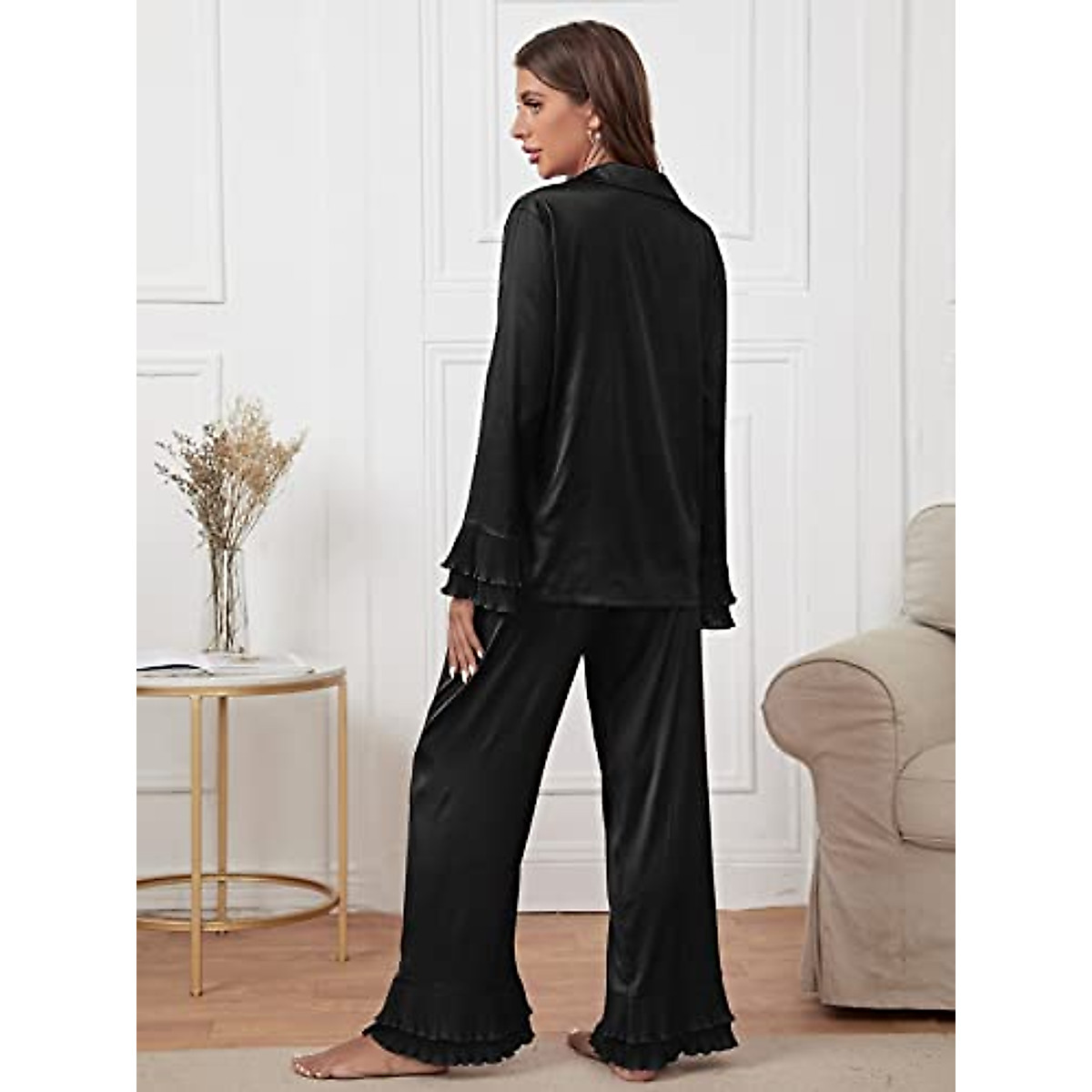 Verdusa Women's Satin Notch Collar Blouse and Ruffle Hem Pants PJ Set Black M