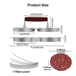 Amuideasy Burger Patty Maker, Aluminum Double Hamburger Press Patty Maker Wood Handle Meat Press Grill Burger Mold with 100 Patty Papers