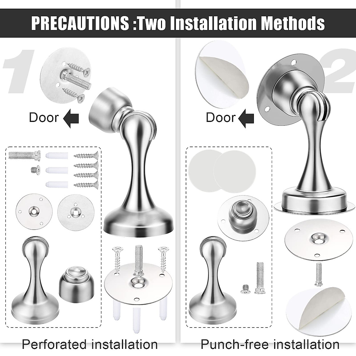 12 Pieces Magnetic Door Stoppers Magnetic Door Stops Stainless Steel Door Catch Door Holder No Drilling with Double Sided Adhesive Tape Screws for Stronger Wall Floor Mount