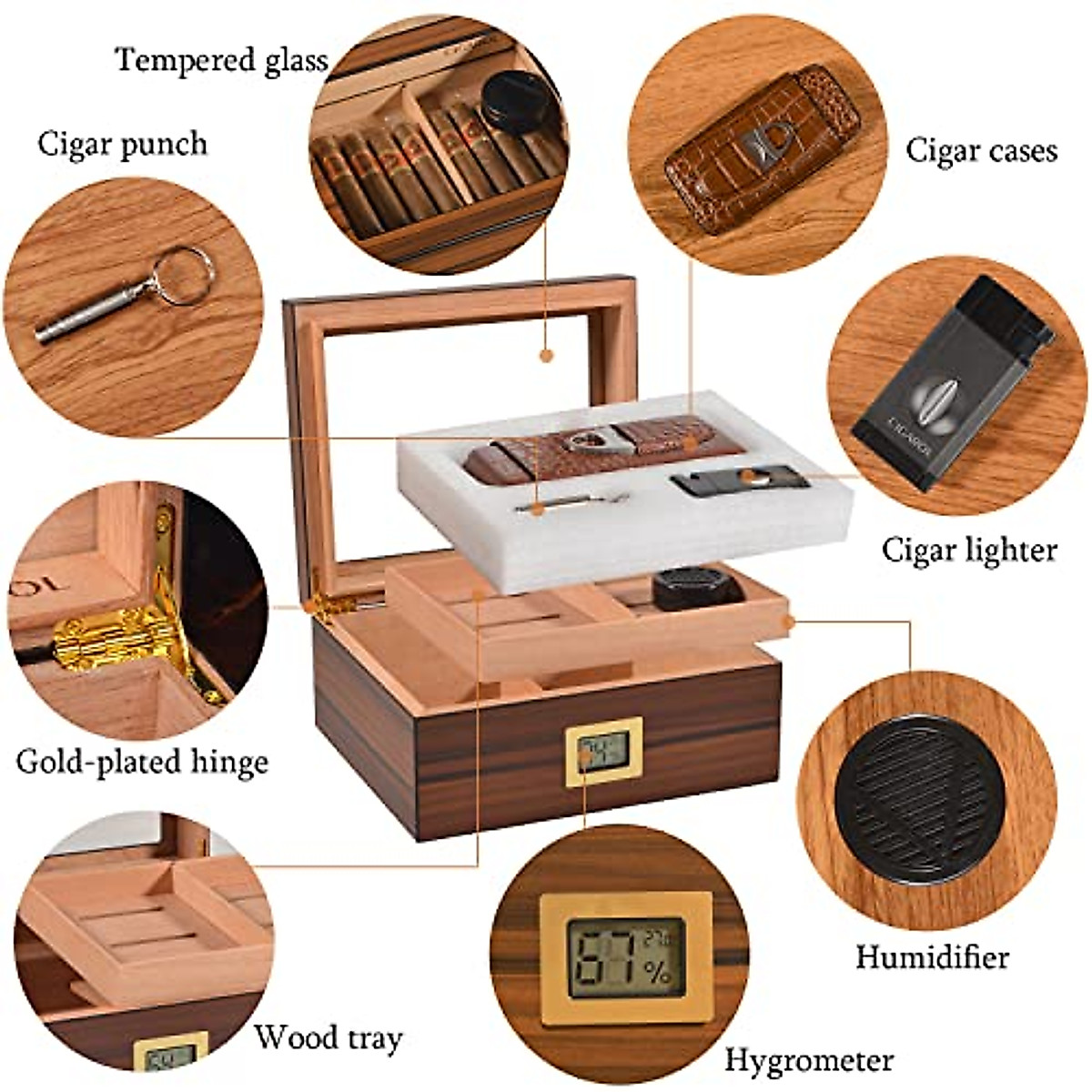 CIGAIOL Handcraft Cigar Kits with Cutter and Lighter, Luxurious Humidor Cigar Box Hold 30-50 Cigars 100% Cedar Wood Case with Digital Cigar Hygrometer/Travel humidor (No Cigars, no Batteries, no Gas)