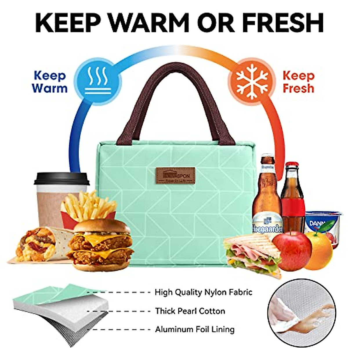 HOMESPON Insulated Lunch Bag for Women Men Lunch Box Cooler Aesthetic Lunch Tote with Pocket for Work Picnic (Green)