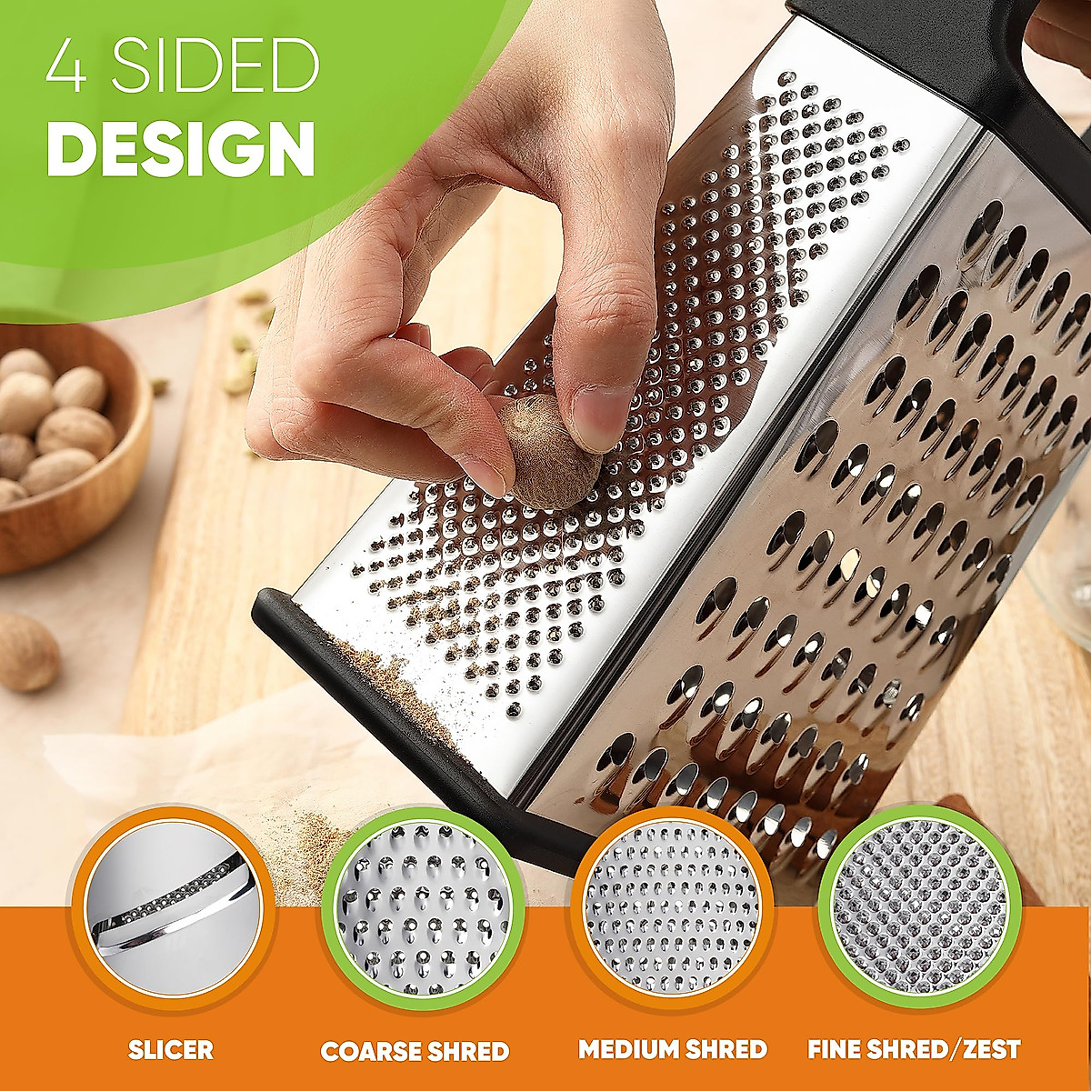 Professional Box Grater, Stainless Steel with 4 Sides, Best for Parmesan Cheese, Vegetables, Ginger, XL Size, Black