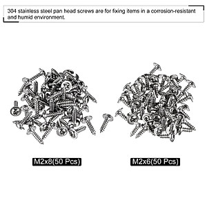 uxcell 2x8mm Self Tapping Screws Phillips Pan Head with Washer Screw 304 Stainless Steel Fasteners Bolts 50Pcs 2x6mm 50Pcs