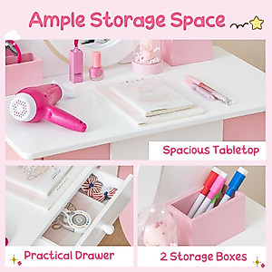 Costzon Kids Vanity Set, 2 in 1 Princess Makeup Dressing Table w/Double-Sided 360° Swivel Mirror, Hairdryer & Accessories, Toddler Vanity with Drawer & Stool, Pretend Play Vanity Set for Little Girls