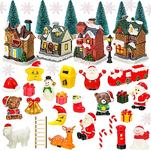 44 Pieces Christmas Light up Village Houses LED Lights Christmas Village Scene Display Tiny Resin Fairy Figurines Accessories Miniature Ornaments for Collection Table Decor