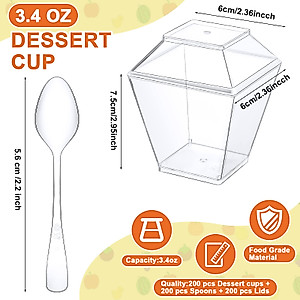 600 Pcs 3.4 oz Plastic Dessert Cups Parfait Cups with Lids and Spoons Mini Appetizer Cups Clear Square Disposable Cups Dessert for Pudding Fruit Ice Cream Wedding Baby Shower Birthday Decorations