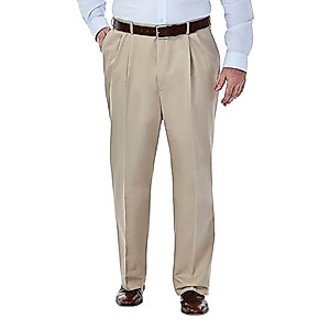 Haggar mens Work To Weekend Khaki Classic Fit No Iron Hidden Expandable Waistband Pleated Front Pant, Khaki, 38x32