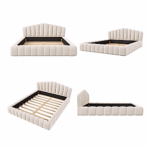 jurmiture Velvet Upholstered Queen Bed Frame, Floor Bed Shell-Shaped Headboard for Bedroom, No Box Spring Needed, Beige