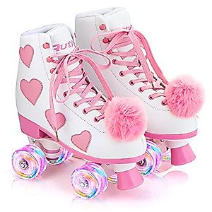 Ruthfot Women's and Girl's Classic Roller Skates with Light up Wheels and Love Heart Pattern, High-top PU Leather Rollerskates