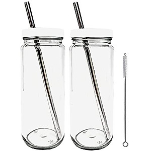 Jarming Collections - Reusable Glass Smoothie Jars with Lids & Straws - Glass Jars with White Plastic Lids & Metal Straws, Jar Tumblers for Iced Coffee Glass, Smoothies, Milk Shakes (White, Pack of 2)