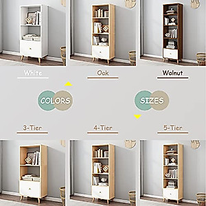 IOTXY 3-Tier Open Shelves Bookcase - 47 Inches Height Modern Floor Standing Cubes Wooden Low Bookshelf with Storage Drawer and Legs, Oak