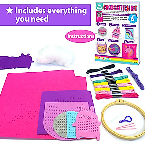 KRAFUN Beginner My First Cross Stitch Kit for Kids Arts & Crafts, 6 Easy Projects of Felt Keyring, Bag, Pillow Craft, Instructions, Gift for Girls and Boys, Learn DIY Crafting, Embroidery