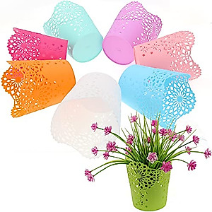 AOKIVIGOA 8pcs Set Pencil Holder Cup Lovely Cute Plastic Hollow Flower Pencil Pots for Office School and Home Pen Ruler Stationery Makeup Brush Storage Organizer with Sticky Notes (Multicoloured)