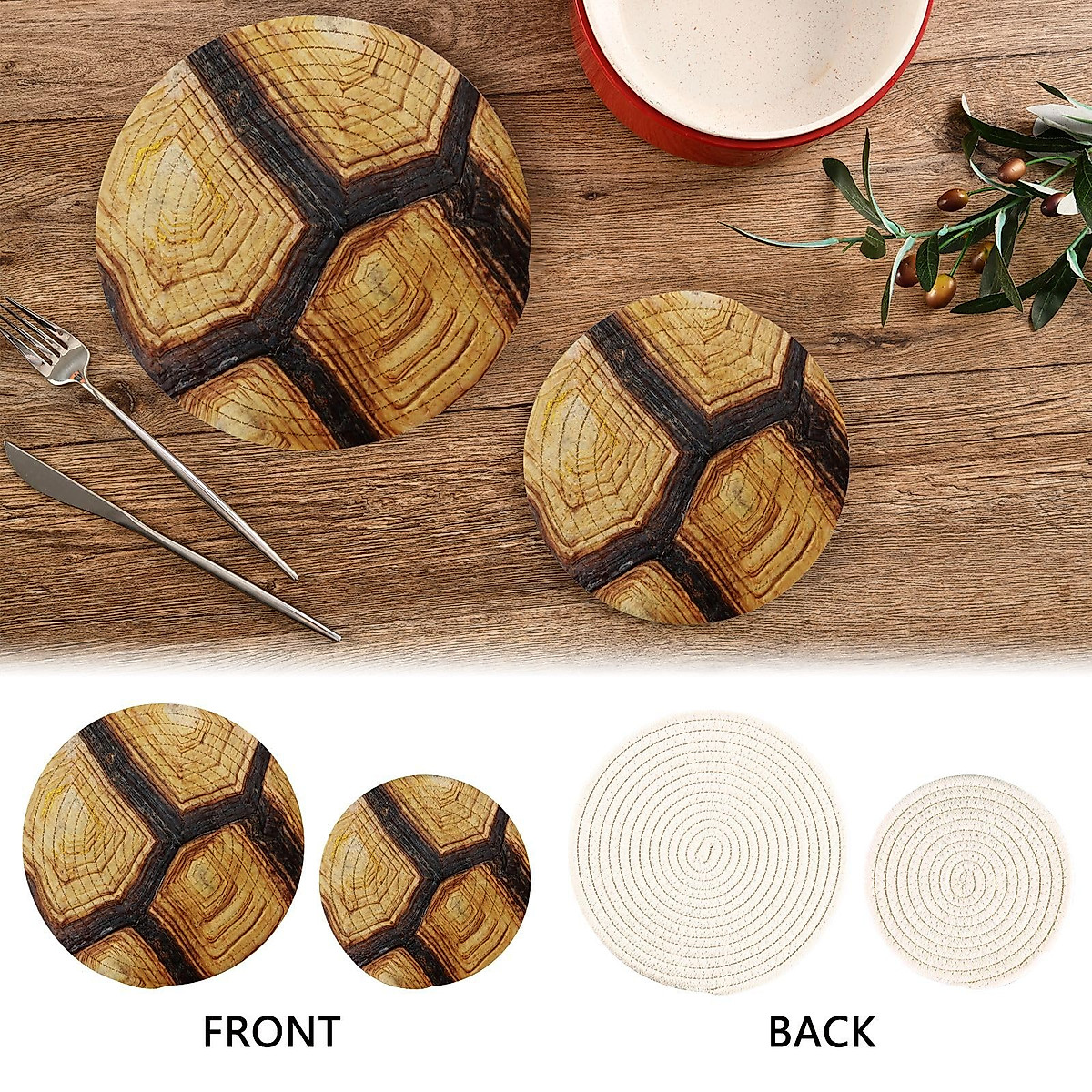Turtle Shell Trivet Pot Holder Carapace Print Round Woven Potholders Set Kitchen Placemats 2PCS Cotton Rope Table Hot Pads Stylish Coasters Heat Resistant for Hot Dishes Baking Cooking Cups Dinning