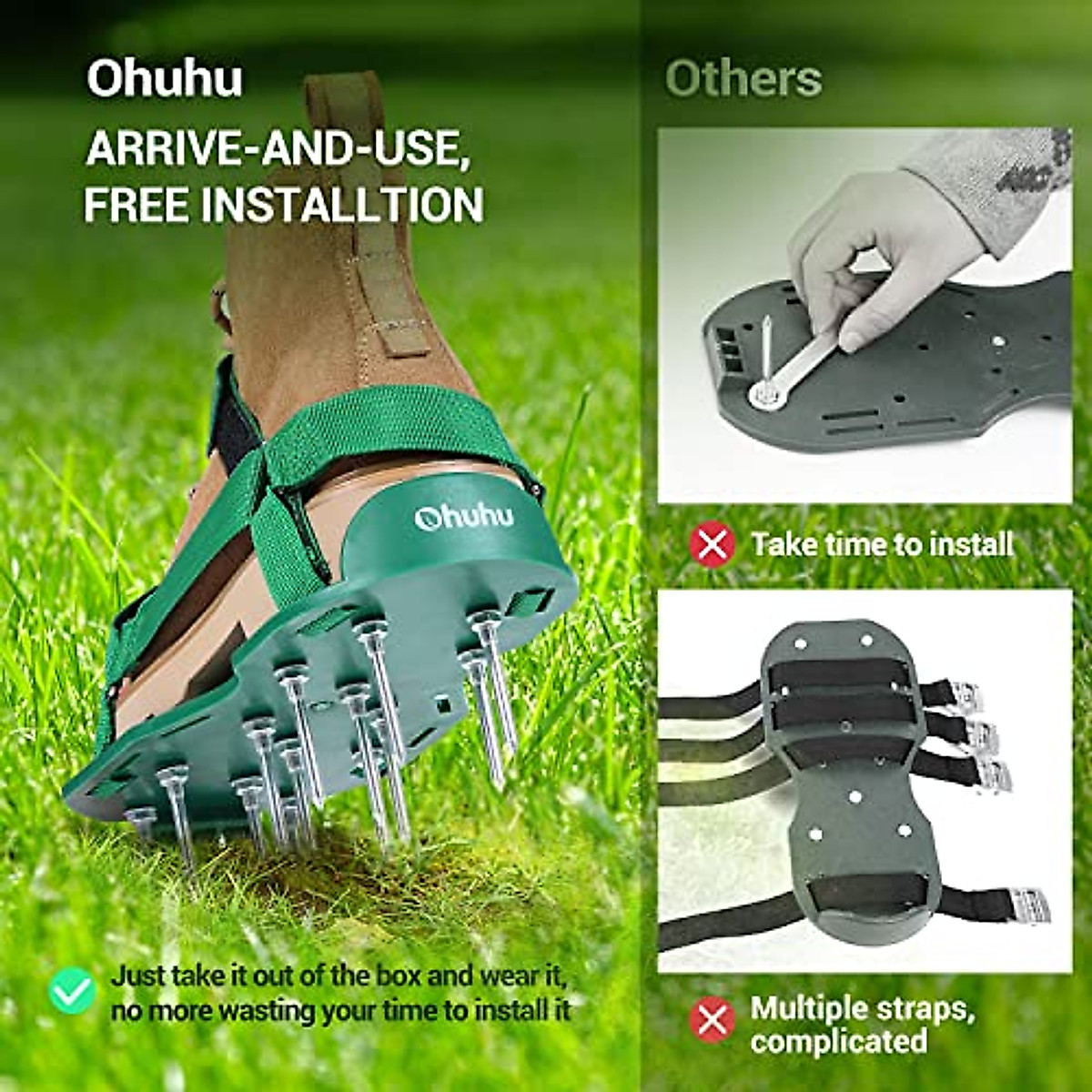 Ohuhu Lawn Aerator Shoes for Grass: Free-Installation Aeration Shoes with Stainless Steel Shovel, Heavy Duty Spike Aerating Sandals Lawn Equipment Tool with Hook & Loop Straps for Yard Patio Garden