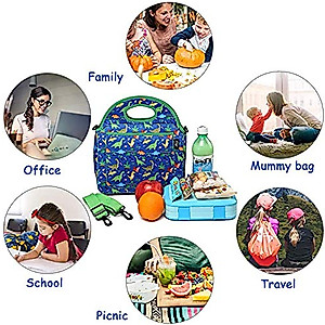 Kasqo Lunch Bag for Kids, Neoprene Insulated Boys Lunch Boxes Children’s Lunch Tote with Front Pocket and Detachable Adjustable Shoulder Strap in Cute Dinosaur