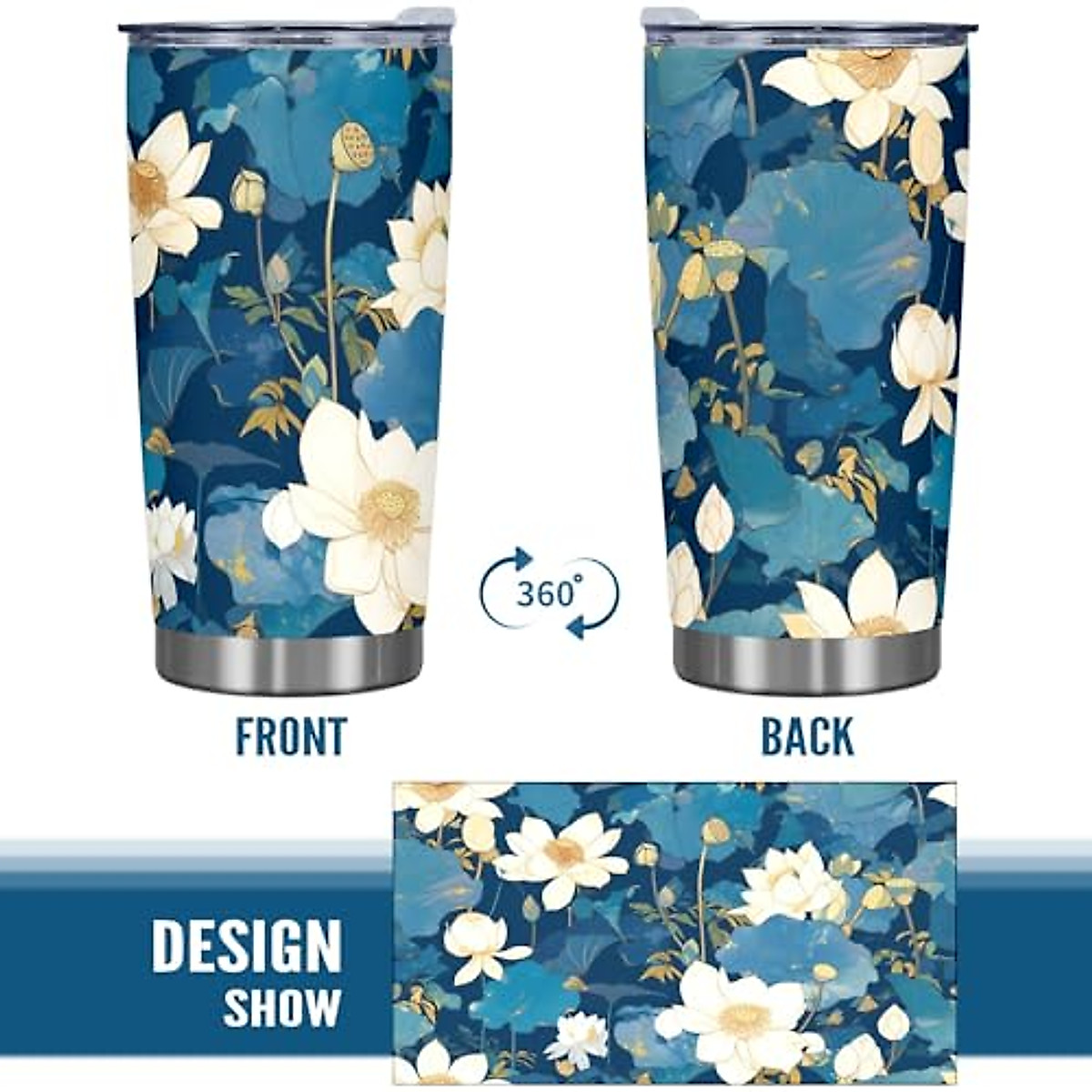 QWEUIOP 20oz Insulated Travel Coffee Mug Vintage Lotus Pattern Stainless Steel Tumbler with Lid Double Wall Vacuum Coffee Cup For Hot and Cold Drinks13953