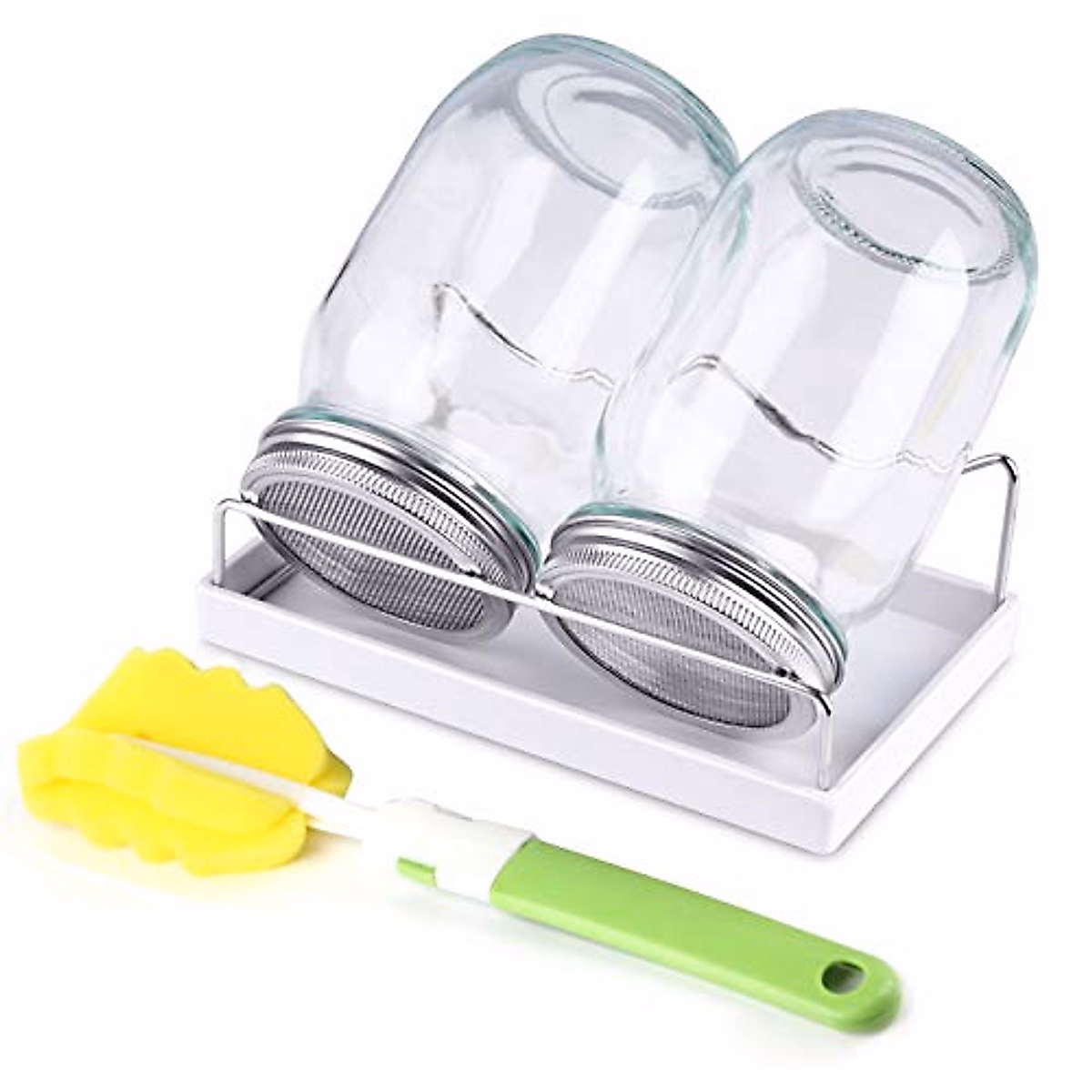 -Seed Sprouting Jar Kit| 2 Wide Mouth Quart Sprout Mason Jars with 316 Stainless Steel Lids,Tray,Stand| Sprouter for Growing Broccoli,Alfalfa (White)