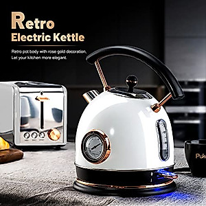 Pukomc Retro Electric Kettle Stainless Steel 1.8L Tea Kettle, Hot Water Boiler with Temperature Gauge, Led Light, Fast Boiling, Auto Shut-Off&Boil-Dry Protection (White)
