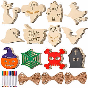 MGparty Halloween Crafts 60PCS Halloween Wooden Slices DIY Natural Wood Crafts Unfinished Predrilled Cutouts Ornaments for Kids Halloween Hanging Decorations Gifts