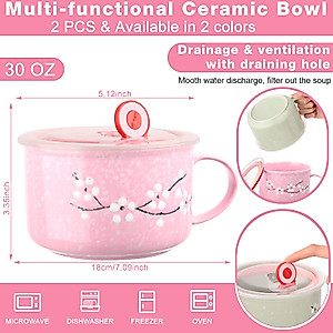 SEEWEY 2 Pcs Floral Ceramic Bowl with Lid and Handle 30 oz Soup Bowls Heat Preservation Instant Noodles Mug Soup Cup Microwavable Bowls for Ramen Noodle Cereal Travel