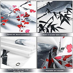 Japanese Wall Hanging Photo Banner Asian Mount Fuji Red Sun Backdrop Japanese Landscape Nature Background for Japanese Party Wall Home Decorations, 72.8 x 43.3 Inch