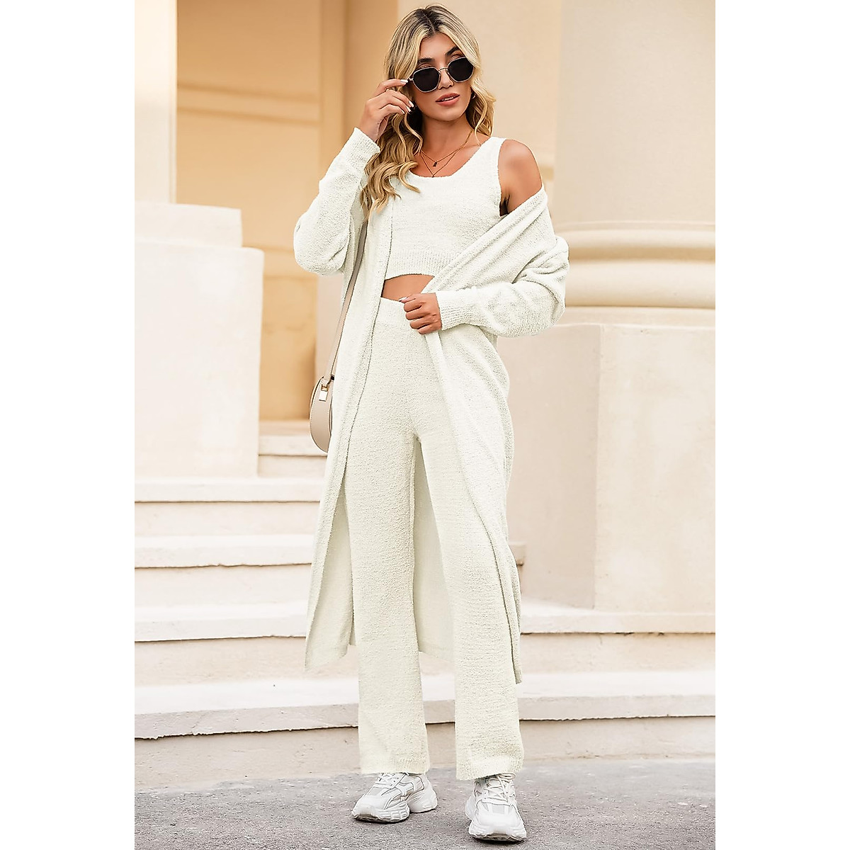 Fixmatti Women's Fuzzy 3 Piece Sweatsuit Open Front Cardigan Crop Tank Tops Wide Legs Pants Lounge Sets (Small, 1-White)