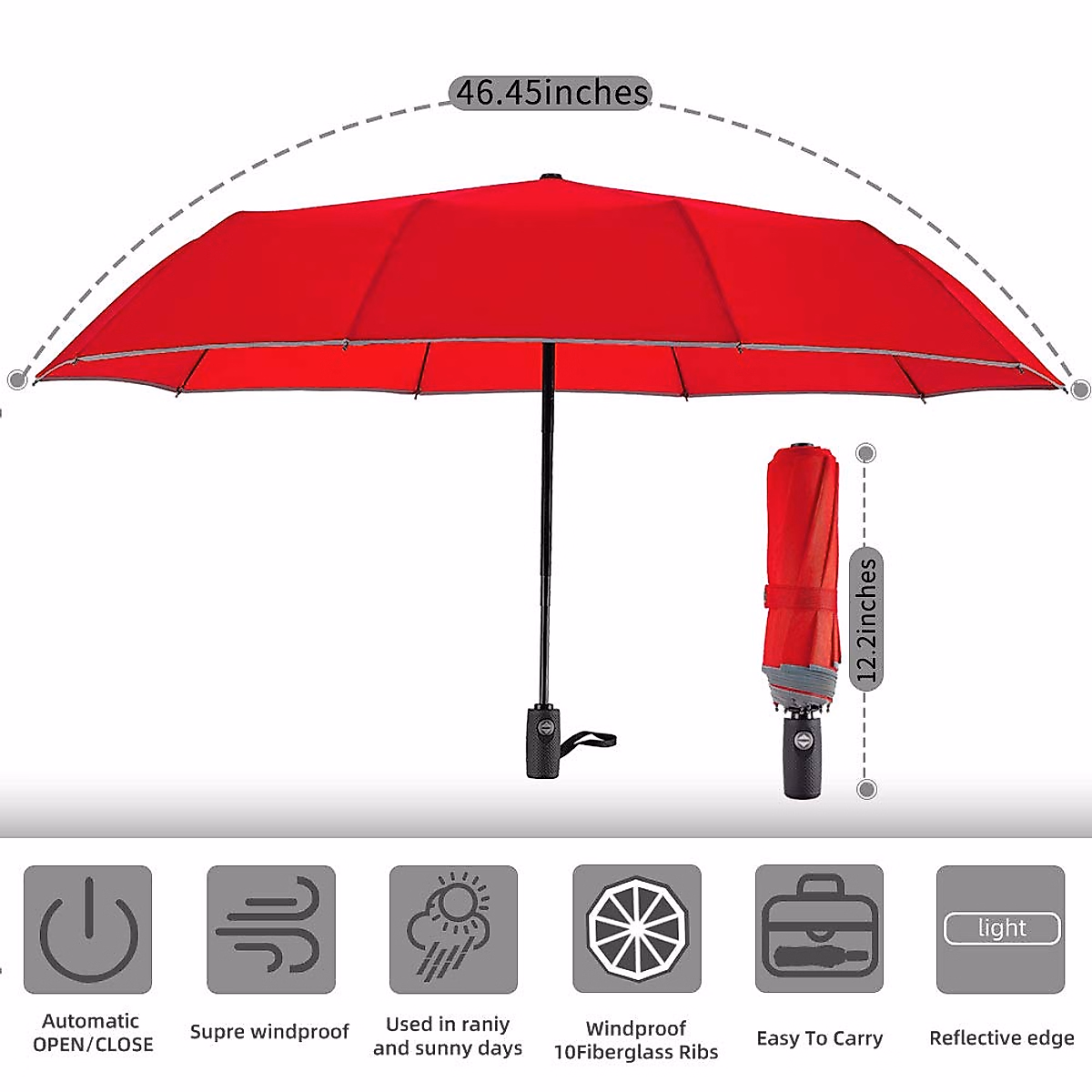 FDJASGY Windproof Travel Umbrella with Teflon Coating Auto Open Close Lightweight Sun&Rain Umbrella with 10 Rib Construction and Reflective Stripe Zipper Pouch