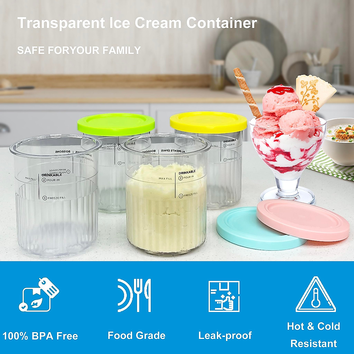 CUTIECLUB Pack of 4 Ice Cream Pint Containers 24oz and Lids for Ninja Creami NC500 NC501 Series Deluxe ice Cream Makers, Replacement Cups BPA-Free & Dishwasher Safe