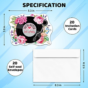 ERHACHAIJIA 20 PCS Pink Flowers Vinyl Records Shaped Fill-In Invitations Cards With Envelopes, Funny Music Party Birthday Bridal Shower Wedding Party Invites For Teens Adults Music Lover Singer Fans