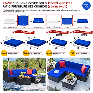 9 Pack Patio Cushion Covers Set Outdoor Furniture Cushion and Pillow Cover Replacement Fit for 5 Pieces 4-Seater Wicker Rattan Patio Sectional Sofa Chair Couch Set,Royal Blue-Cover Only (Large)