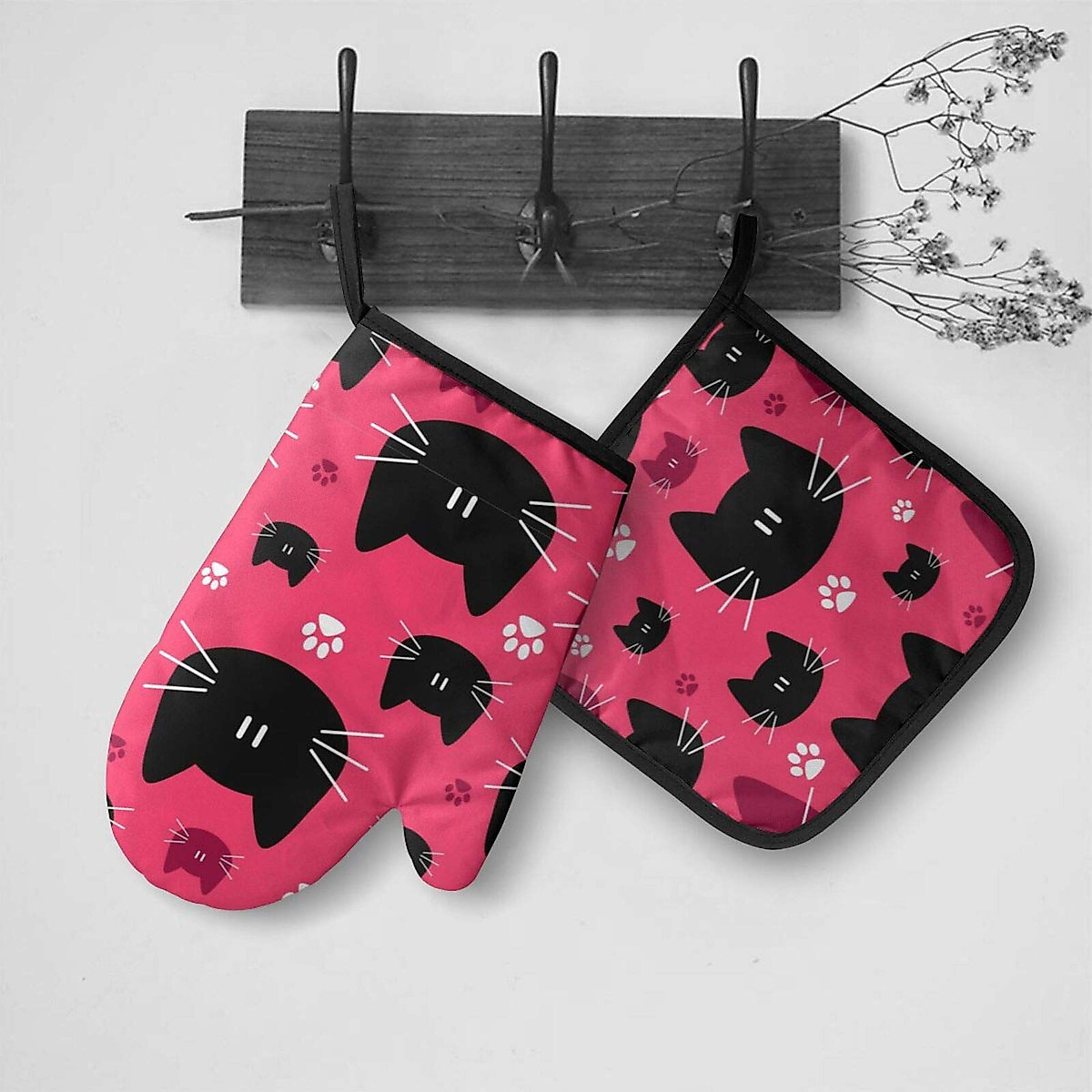 Cute Cat Faces Oven Mitts and Pot Holders Sets Heat Resistant Oven Gloves with Non-Slip Surface for Reusable for Baking BBQ Cooking