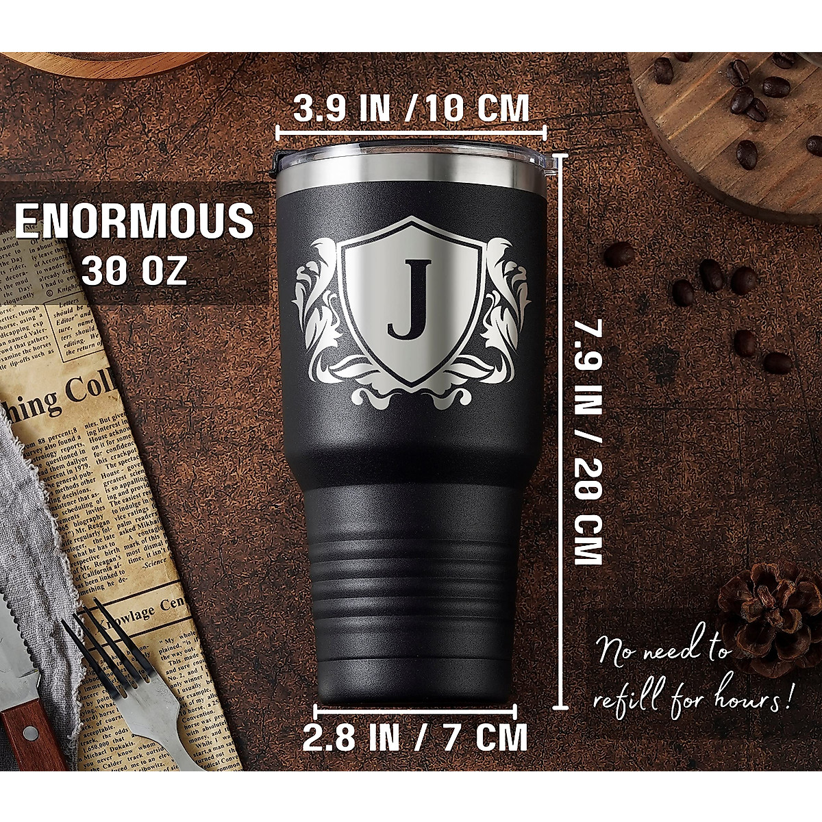 Onebttl Personalized Gifts for Men with Initial J, Monogrammed Travel Tumbler for Him, Custom Coffee Cups, Unique Birthday Christmas Gifts for Men who Have Everything, Black, 30oz