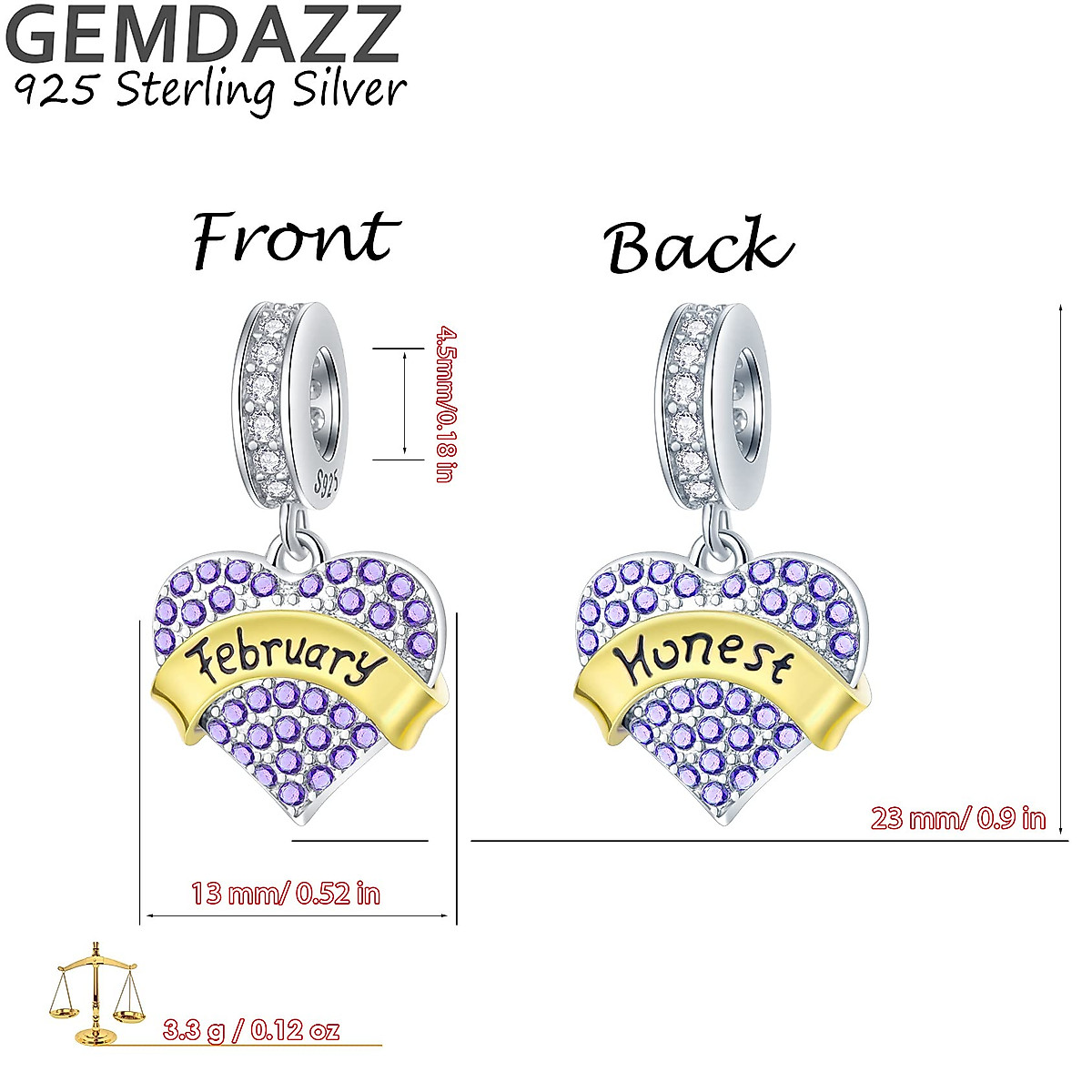 February Birthstone is Honest Heart Dangle Charms, fits Pandora Valentines Bracelet, Amethyst Purple CZ Love Pendant Beads in 925 Sterling Silver, Gift for Wife/Sister/Birthday