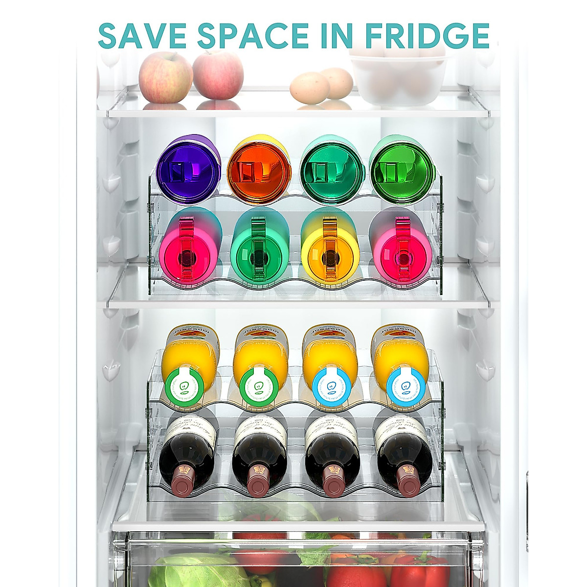 4 Tier Water Bottle Organizer - 16 Bottles, Stackable Cup Organizer for Cabinet, Countertop, Pantry & Fridge, Free-Standing Kitchen Tumbler Storage Holder for Wine and Drink Bottles, Clear Plastic