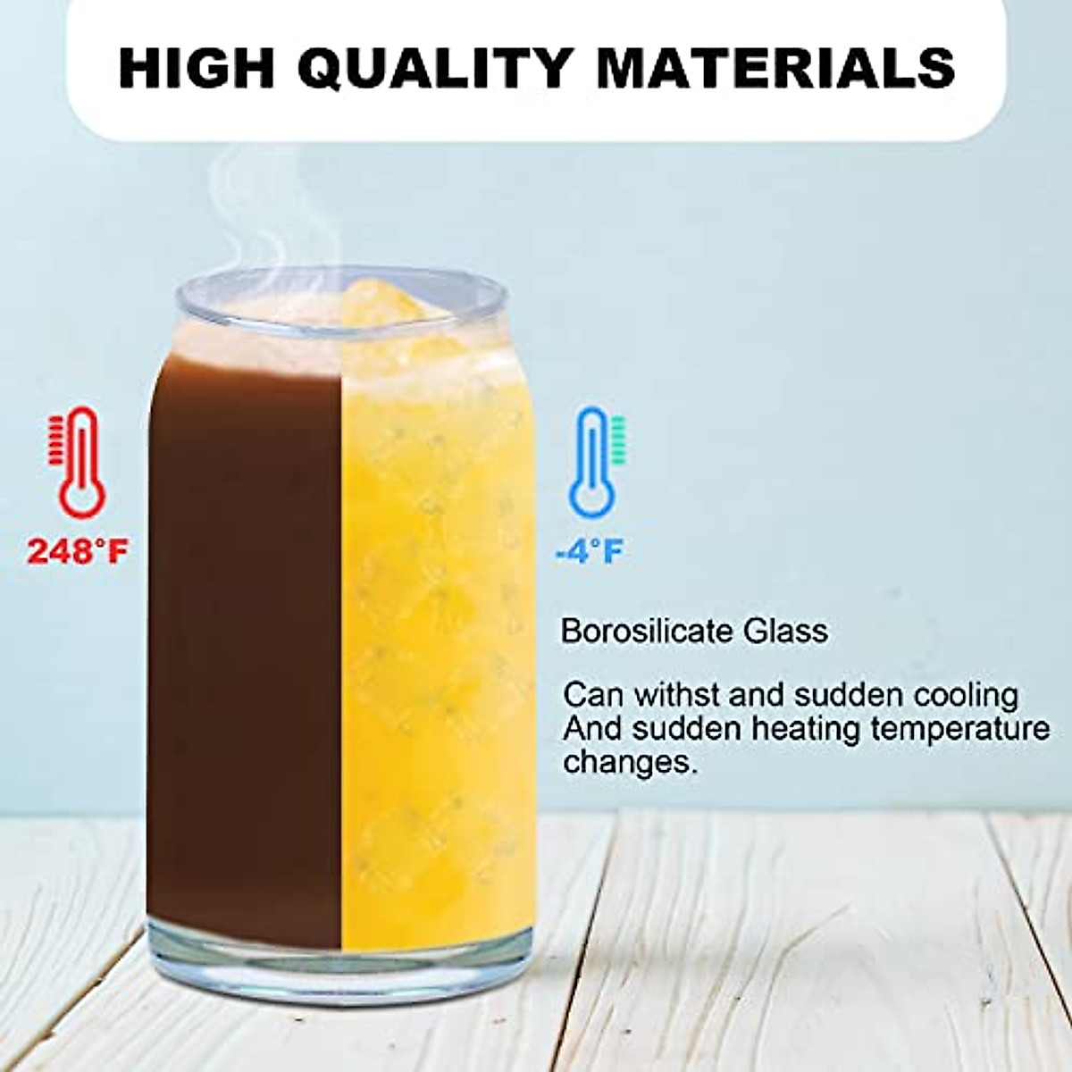 LEFIMOT 4 Pack Drinking Glasses with Bamboo Lids and Straw, 16oz Can Shaped Glass Cups Iced Coffee Cup Beer Glasses Cocktail Glasses Cute Tumbler Cup for Smoothie,Tea,Whiskey,Water,Gift