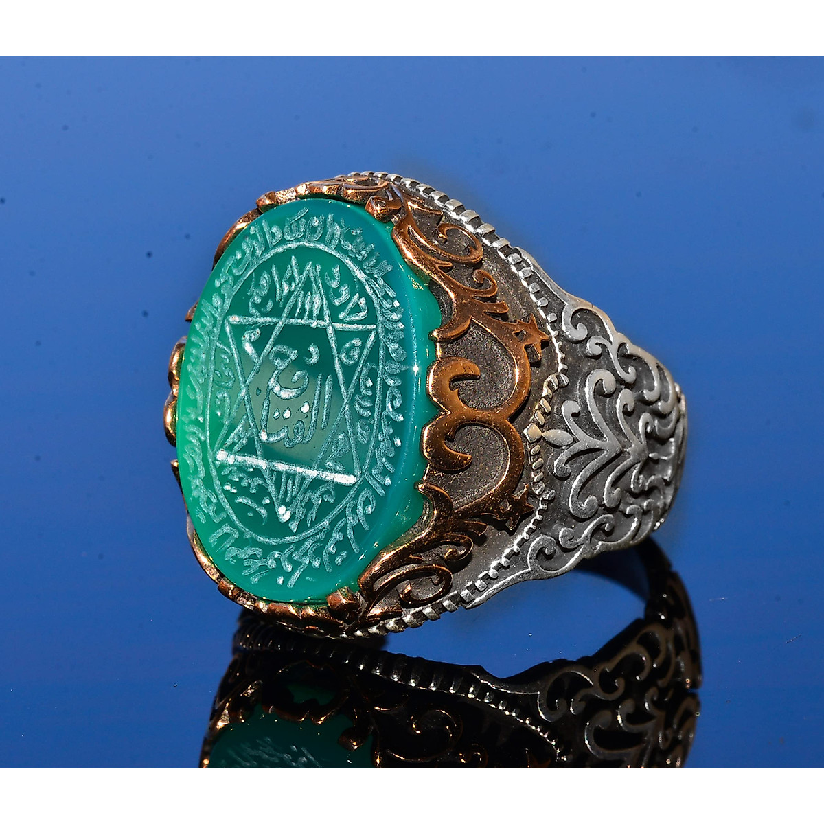 KAMBO Sterling Silver Men's Ring, Natural Black Onyx Gemstone, King Solomon Seal Ring, Unique Handmade Jewelry (Jade)