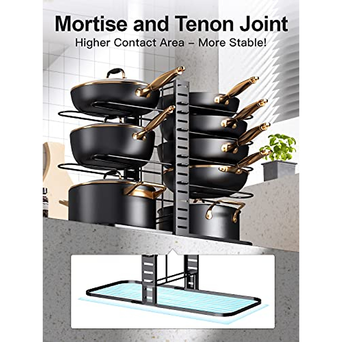 MUDEELA Pots and Pans Organizer : Rack for Cabinet, 8-Tier Kitchen Cabinet Organizers and Storage, Adjustable Pot Racks, Pot Organizer Rack for under Cabinet with 3 DIY Methods