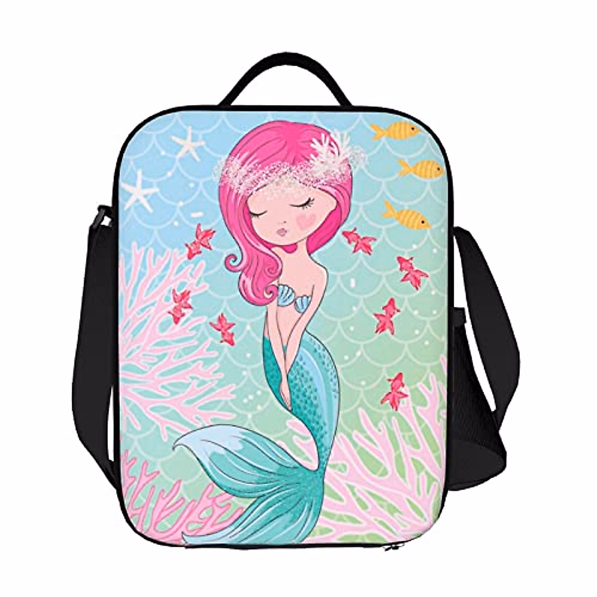 Kids Lunch Box, Insulated Lunch Bag for Girls, Pink Mermaid Cute Lunch Bag with Shoulder Strap, School Bento Lunch Box for Kids Toddlers Teens, Small Black Reusable Cooler Thermal Meal Tote Kit