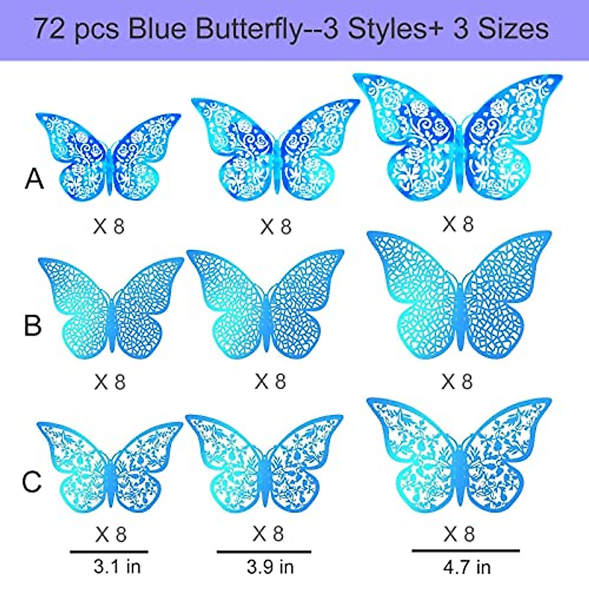 JANESOTO 72 Pcs 3D Butterfly Wall Decor, Blue Butterfly Wall Decals 3 Sizes 3 Styles, Metallic Wall Stickers for Girls Bedroom Nursery Classroom Cake Wedding Party Decoration DIY Gift