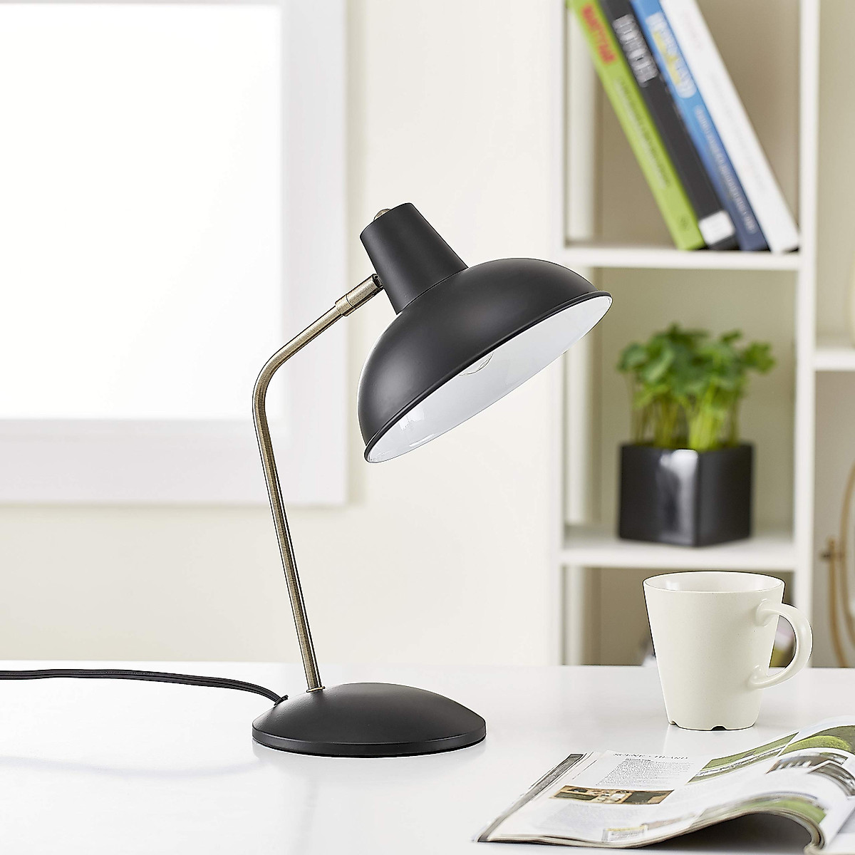 Light Society LS-T261-BK Hylight Black Retro Desk Lamp with Antique Brass Details, Mid Century Modern Vintage Style