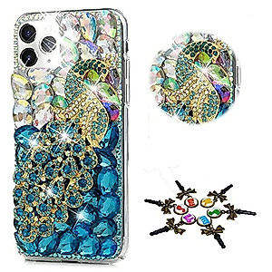STENES Sparkle Case Compatible with Samsung Galaxy Z Fold 2 5G Case - Stylish - 3D Handmade Bling Peacock Rhinestone Crystal Diamond Design Girls Women Cover - Blue